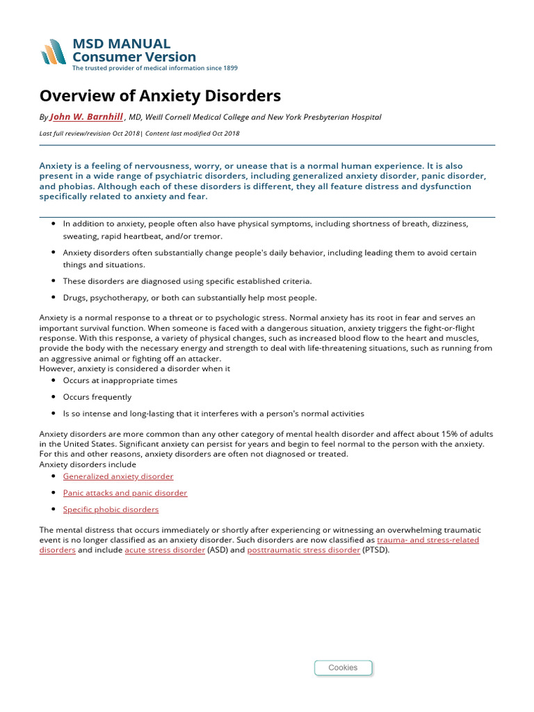 Overview of Anxiety Disorders - Mental Health Disorders - MSD Manual Consumer Version | PDF ...