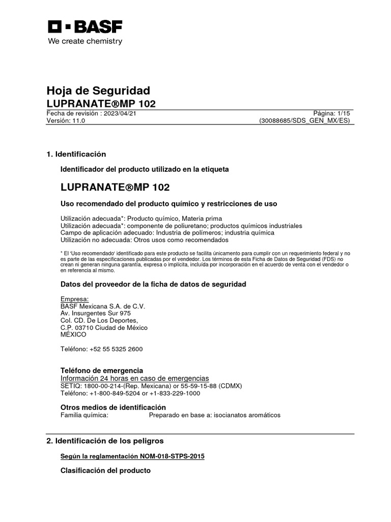 Hoja de Seguridad LUPRANATE MP 102 | PDF | Agua | Asma