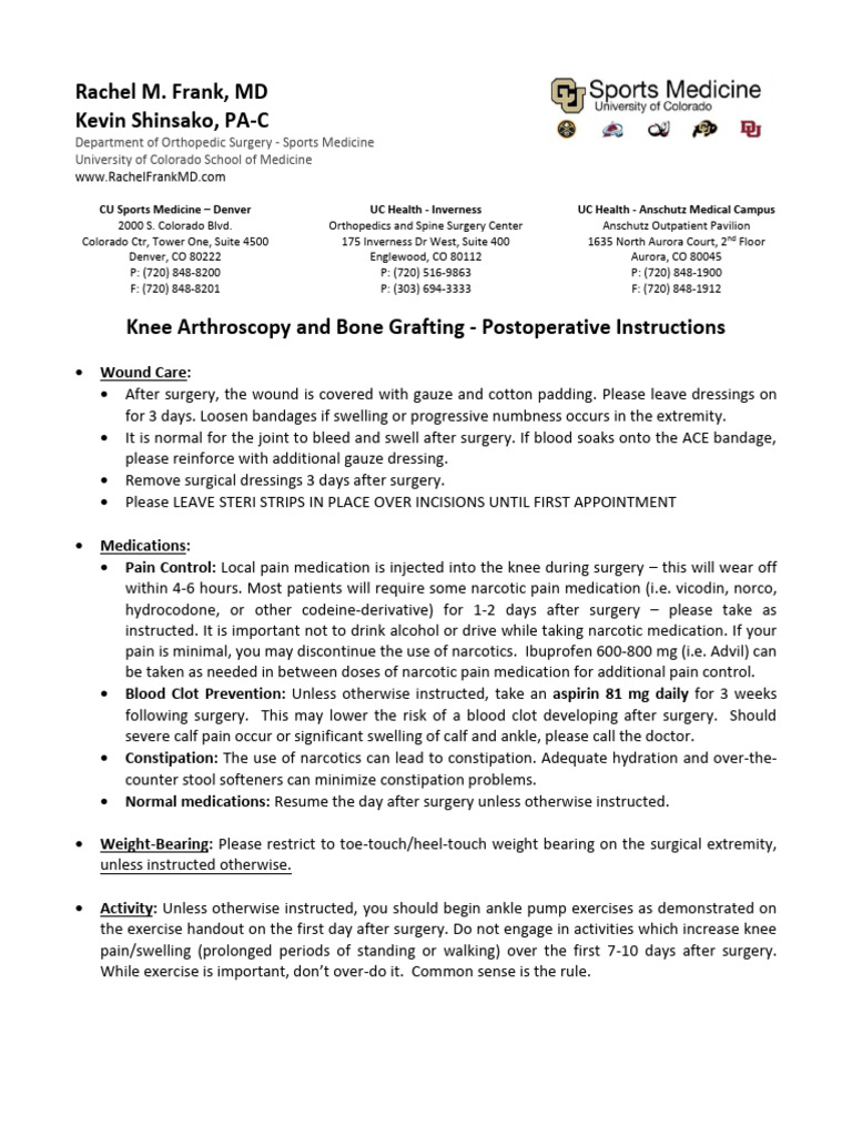 Knee Arthroscopy Discharge Instructions | PDF | Surgery | Anatomical ...