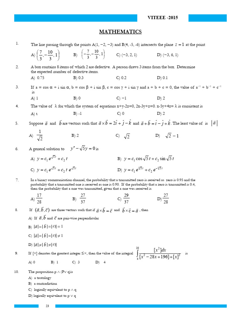 vitmee-previous-question-paper | Download Free PDF | Mathematical Concepts | Mathematical Objects