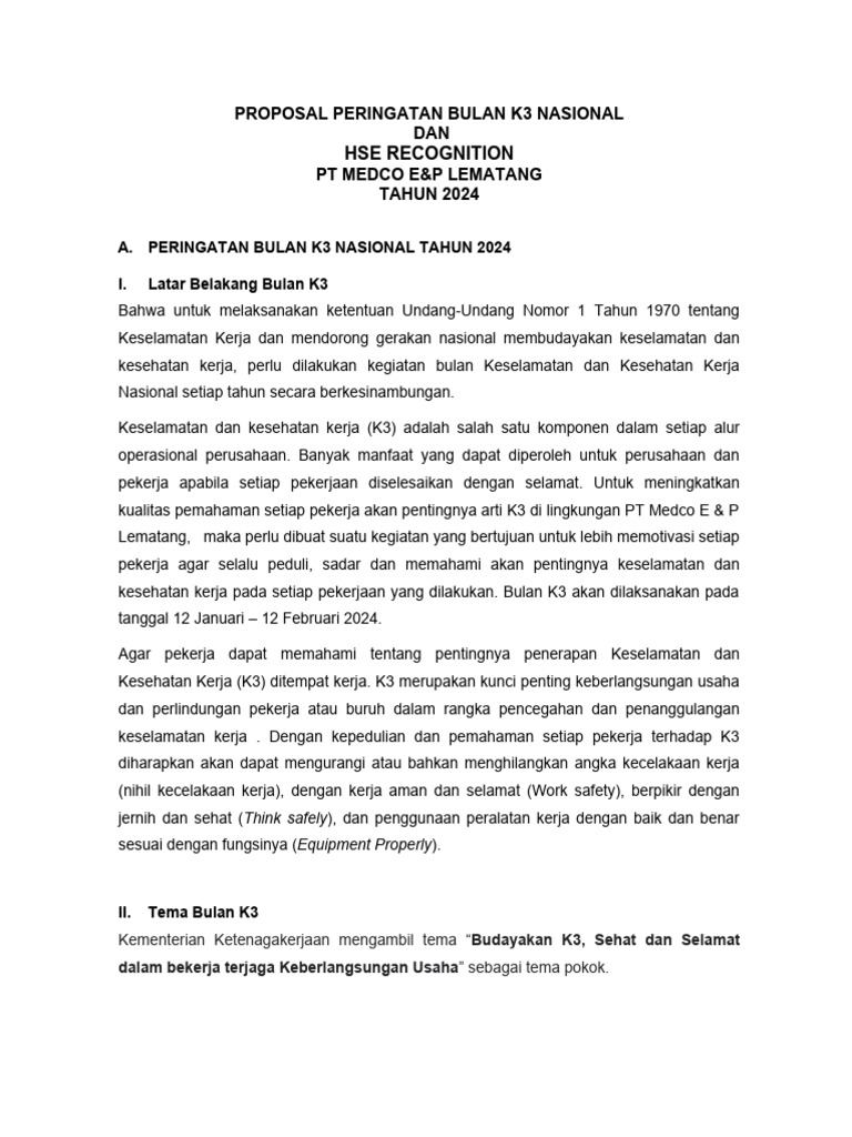 Proposal Bulan k3 Nasional Rekognisi Lematang - 2024 Update | PDF