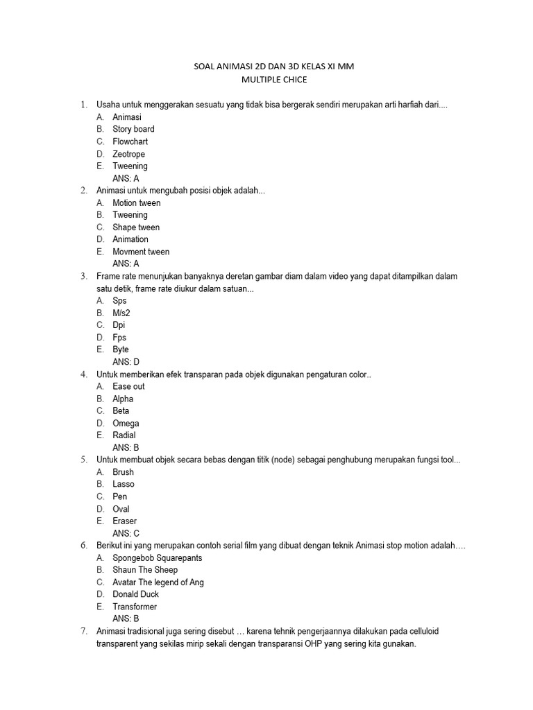 Soal Animasi 2D dan 3D Kelas XI MM | PDF | Komputer