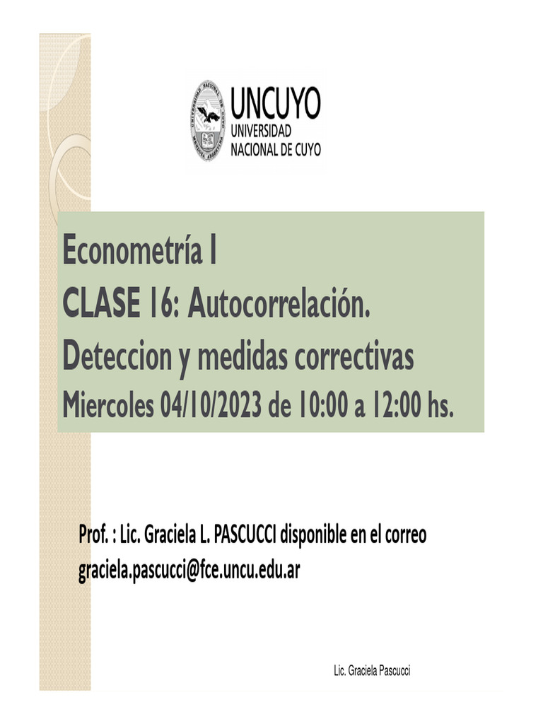 Clase 16 Autocorrelación GLP 04oct2023 | PDF | Econometría | Análisis de regresión