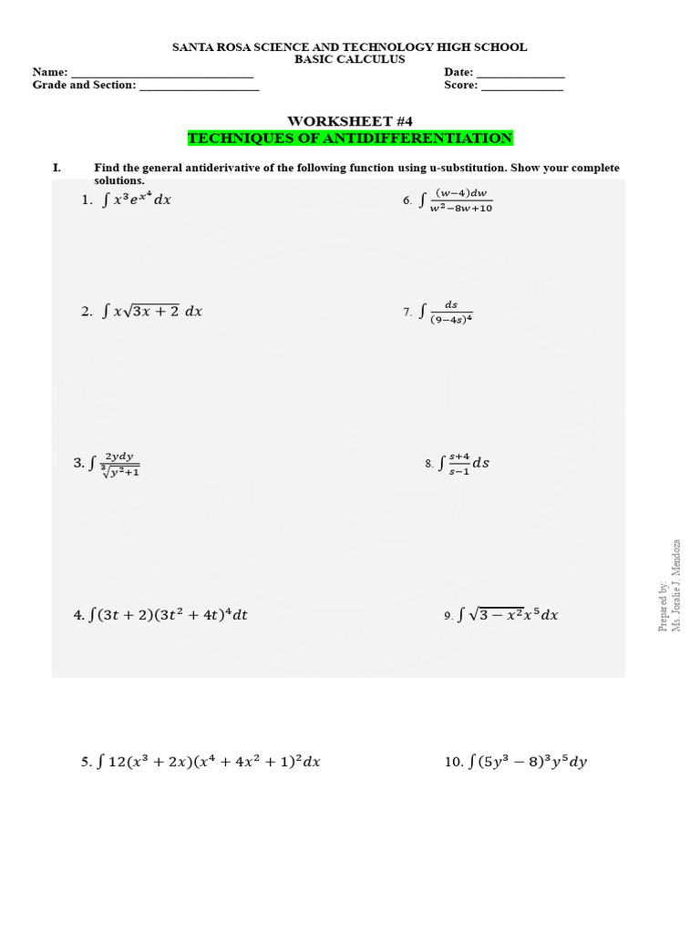 WS 4-5 Techniques of Antidifferentiation | PDF | Mathematical Objects ...