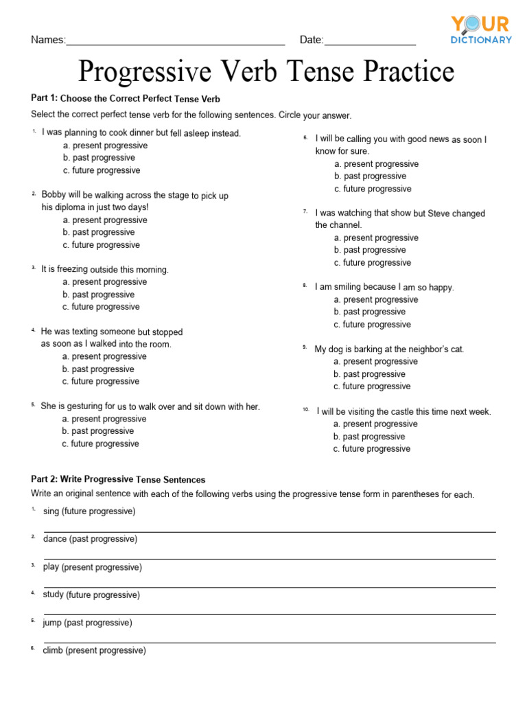 Progressive Verb Tense Practice | PDF | Grammatical Tense | Language ...