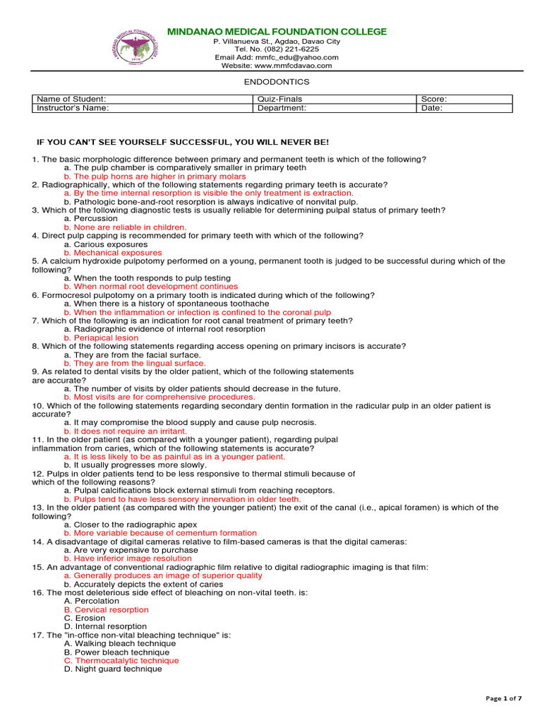 Final Examination Endodontics Red | PDF | Dental Anatomy | Human Tooth