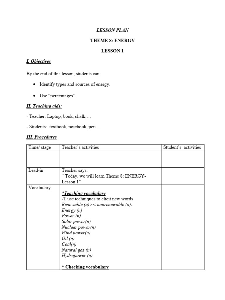 Energy Lesson Plan: Vocabulary & Activities | PDF | Psycholinguistics ...