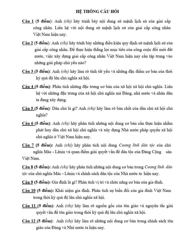 CÂU HỎI CNXHKH | PDF