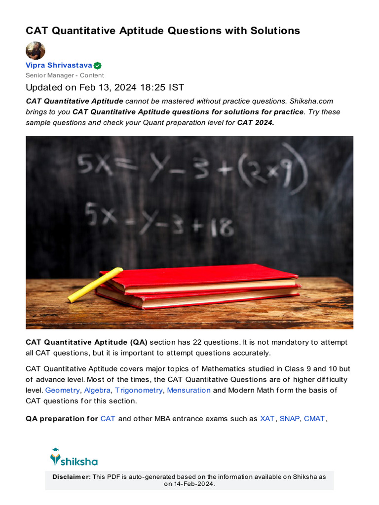 CAT Quantitative Aptitude Questions With Solutions: Updated On Feb 13 ...