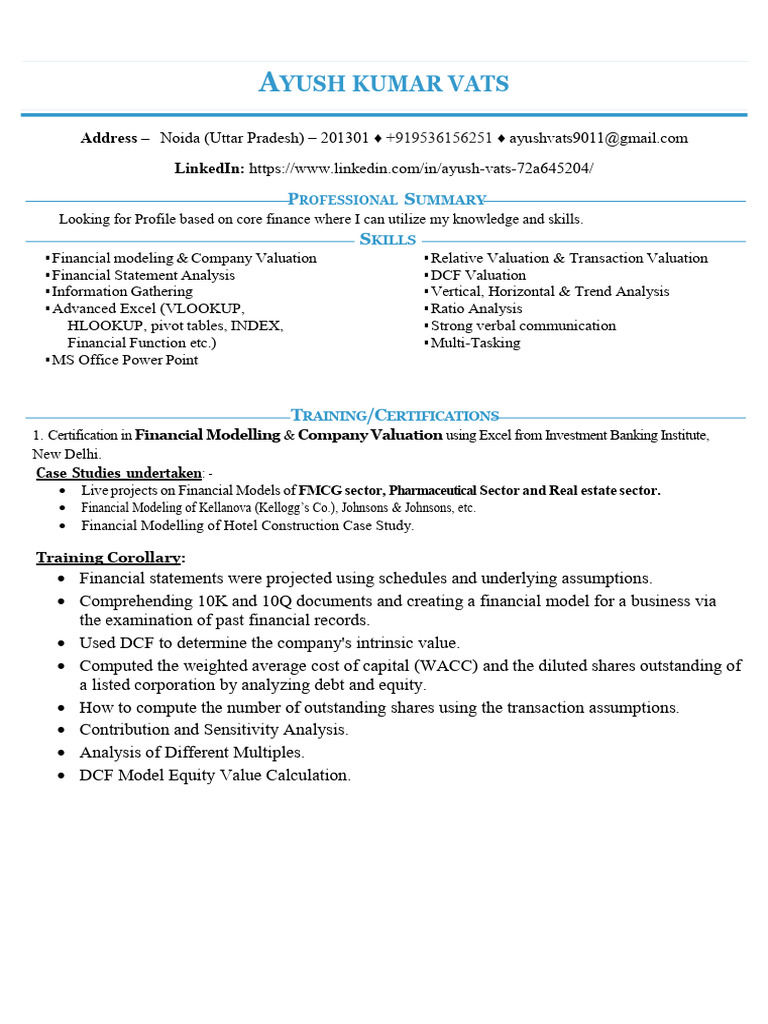 Ayush Vats CV | PDF | Valuation (Finance) | Cost Of Capital Ayush Vats CV | PDF | Valuation (Finance) | Cost Of Capital