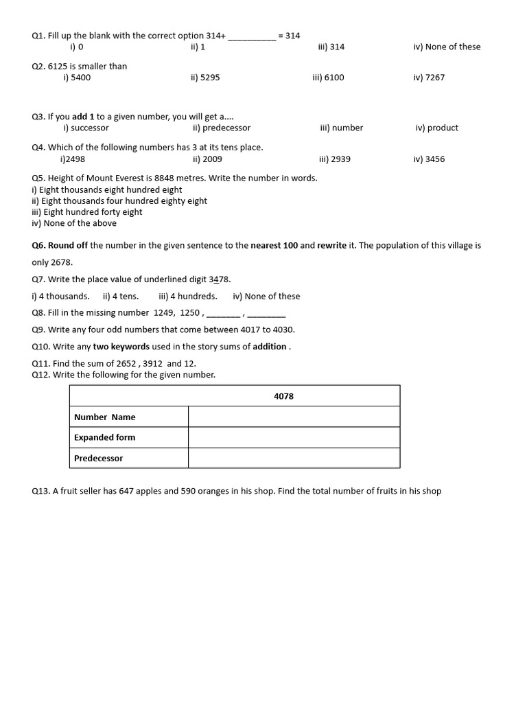 Revision Test for Basic Math Skills | PDF