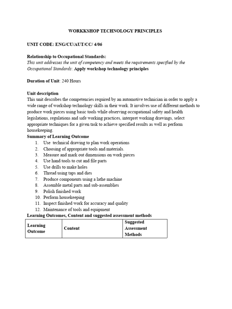 Automotive Workshop Technology Skills | PDF | Tools | Metalworking