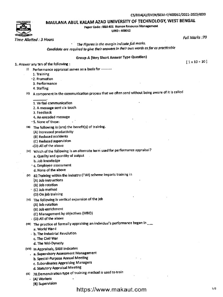 Bba 4 Sem Human Resource Management Bba 401 2023 | PDF