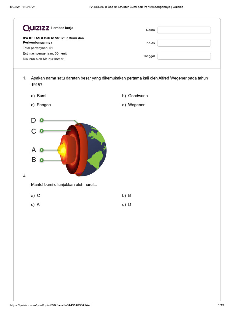 IPA KELAS 8 Bab 6 - Struktur Bumi Dan Perkembangannya - Quizizz | PDF ...