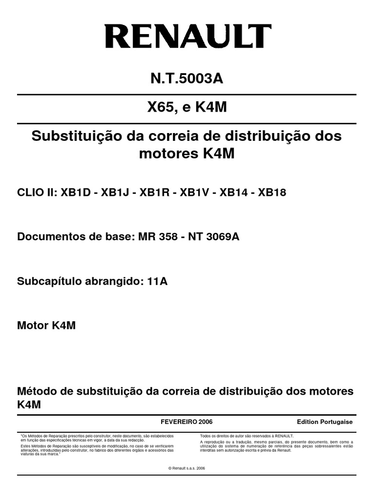 N.T.5003A X65, e K4M Substituição Da Correia de Distribuição Dos ...