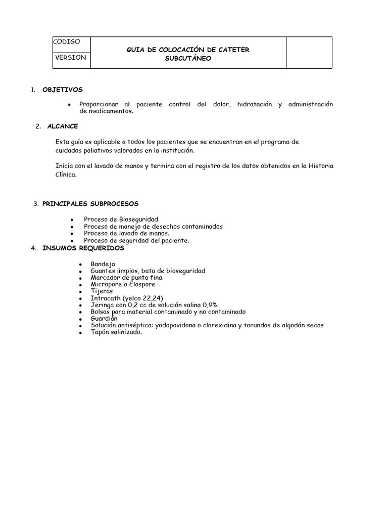 CPD-GUIA-No. X GUIA DE COLOCACION DE CATETER SUBCUTANEO | PDF ...