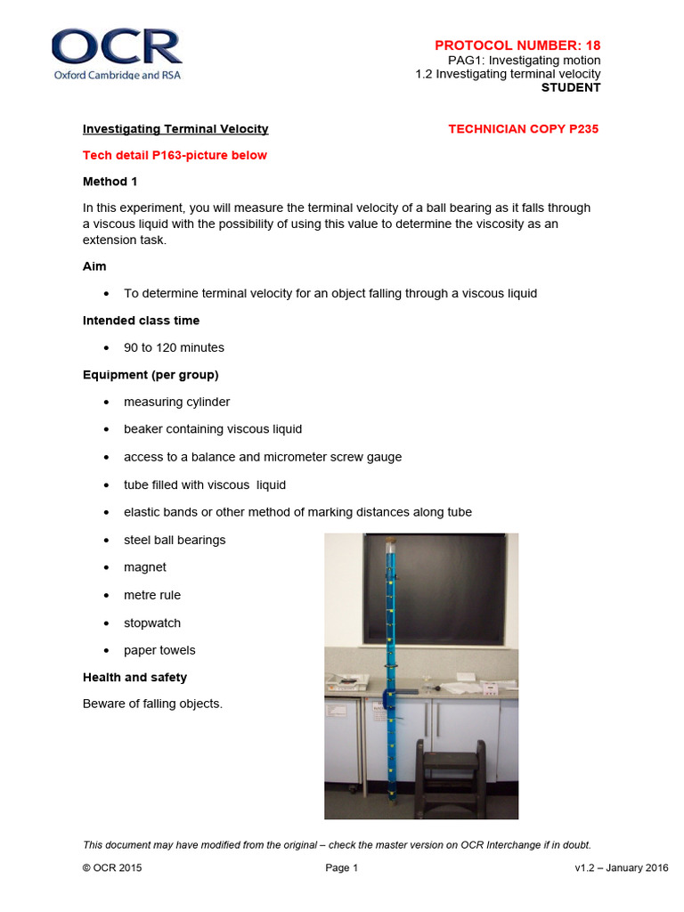 Terminal Velocity Experiment Guide | PDF | Viscosity | Liquids