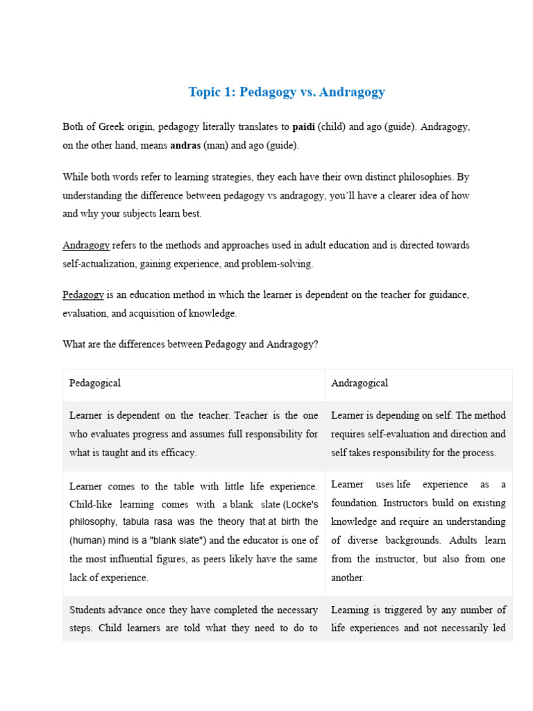 Pedagogy vs. Andragogy Explained | PDF | Learning | Pedagogy