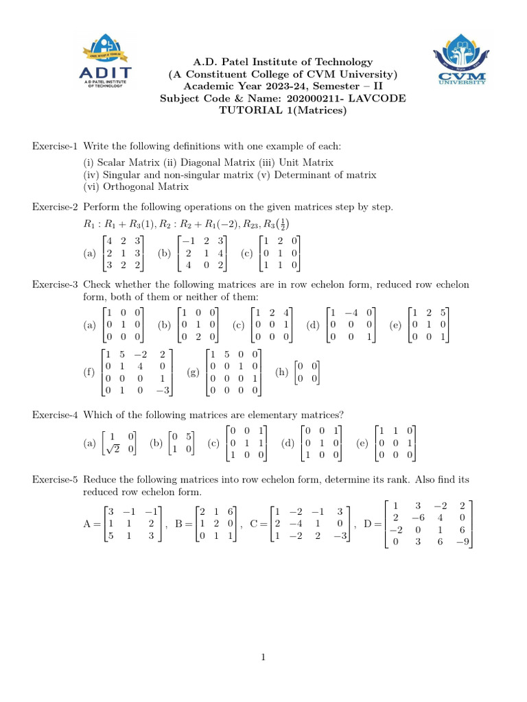 Tutorial - 1 | PDF | Matrix (Mathematics) | Functions And Mappings