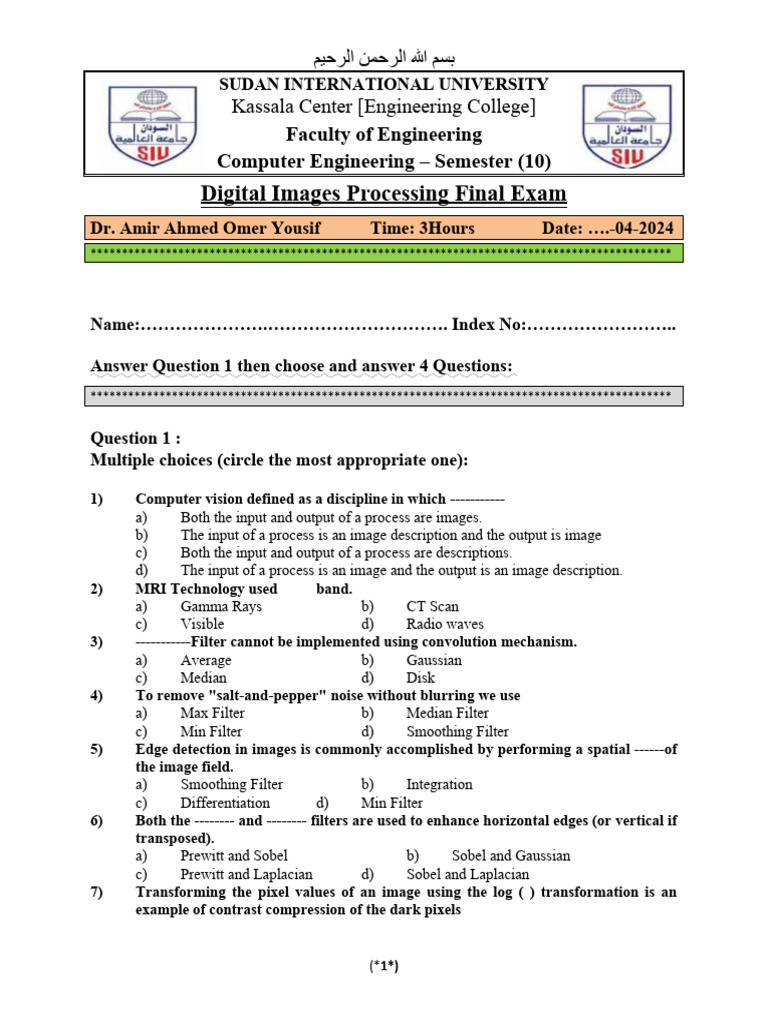 Digital Images Processing Final Exam - April 2024 | PDF | Signal Processing | Multidimensional ...