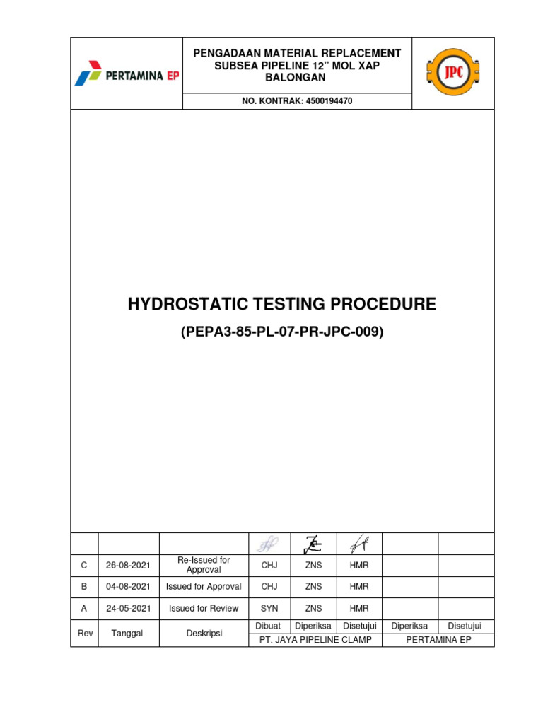 Hydrostatic Testing Procedure for Subsea Pipeline | PDF | Leak | Pressure