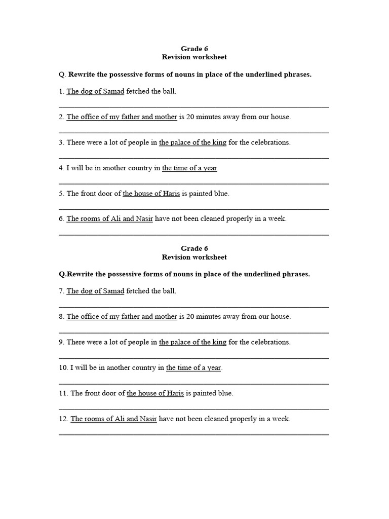 Grade 6 - Revision - Possessive Nouns Worksheet | PDF | Domesticated ...