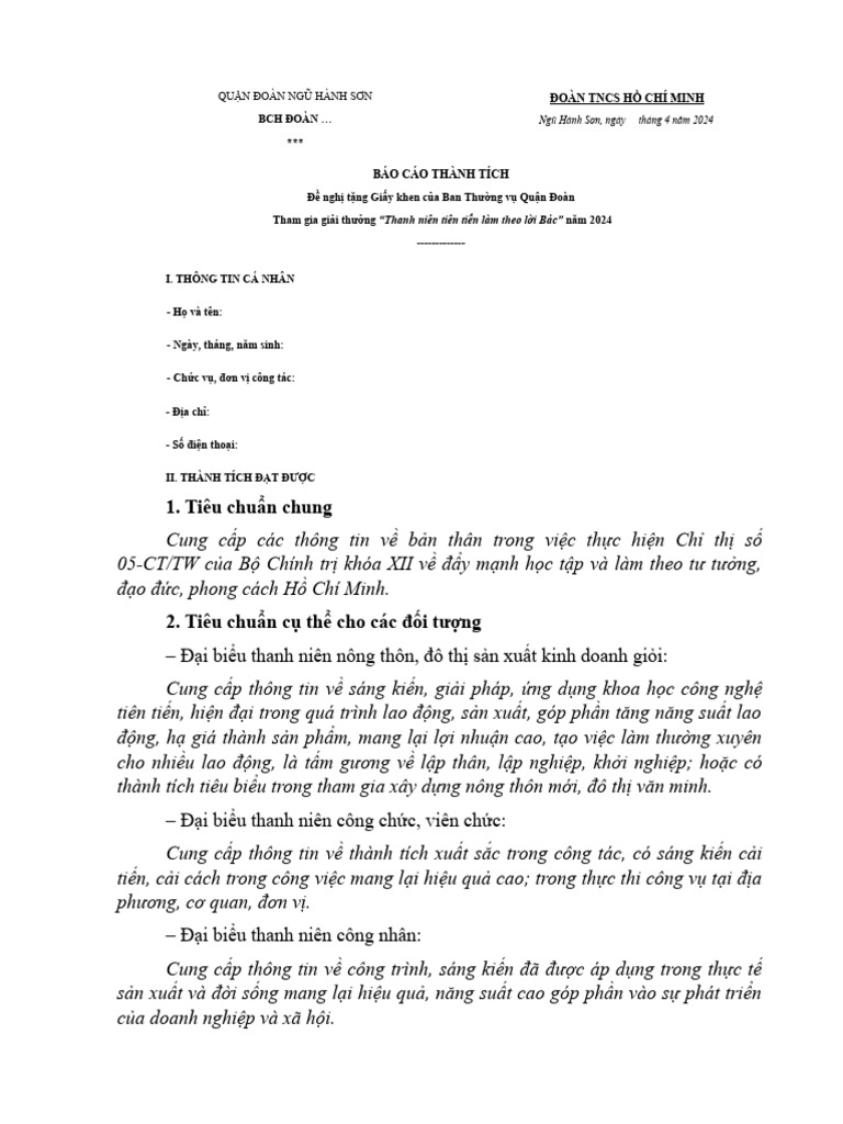 Mẫu BCTT Thanh niên tiên tiến làm theo lời Bác | PDF