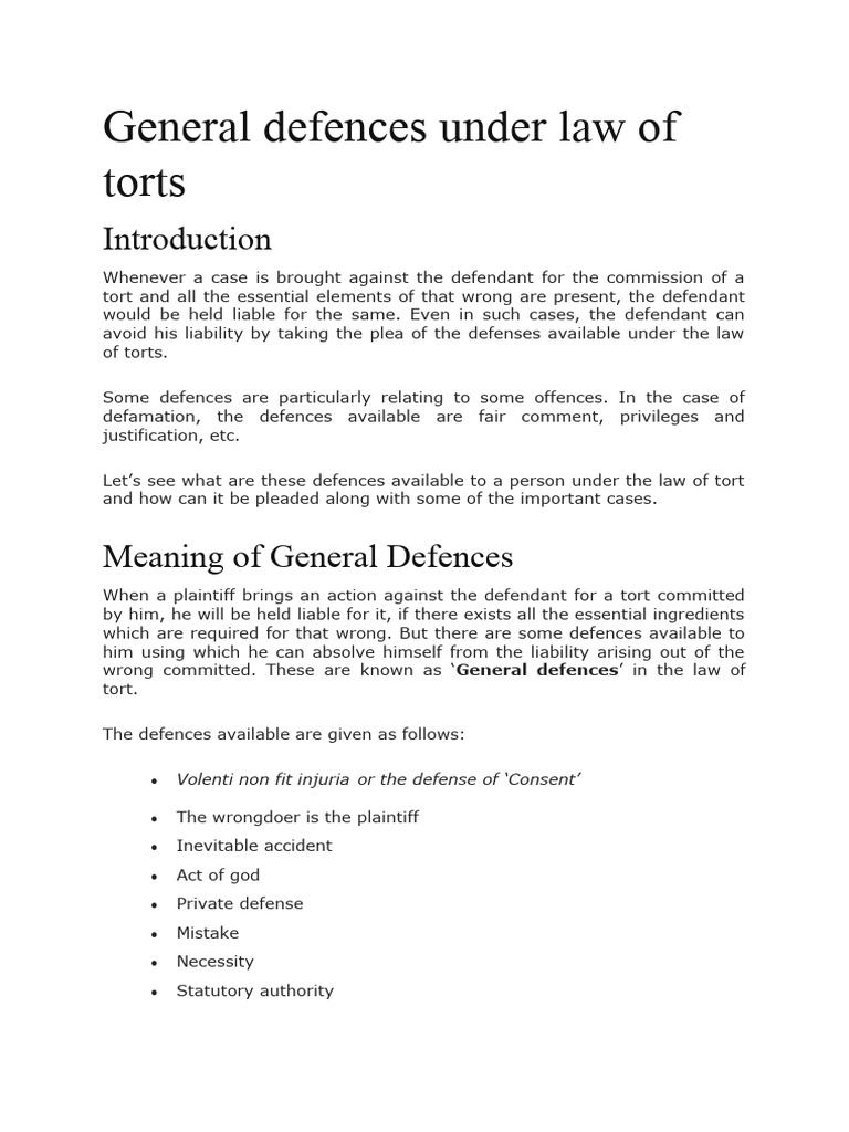 General Defences Under Law of Torts NOTES 4 | PDF | Tort | Negligence