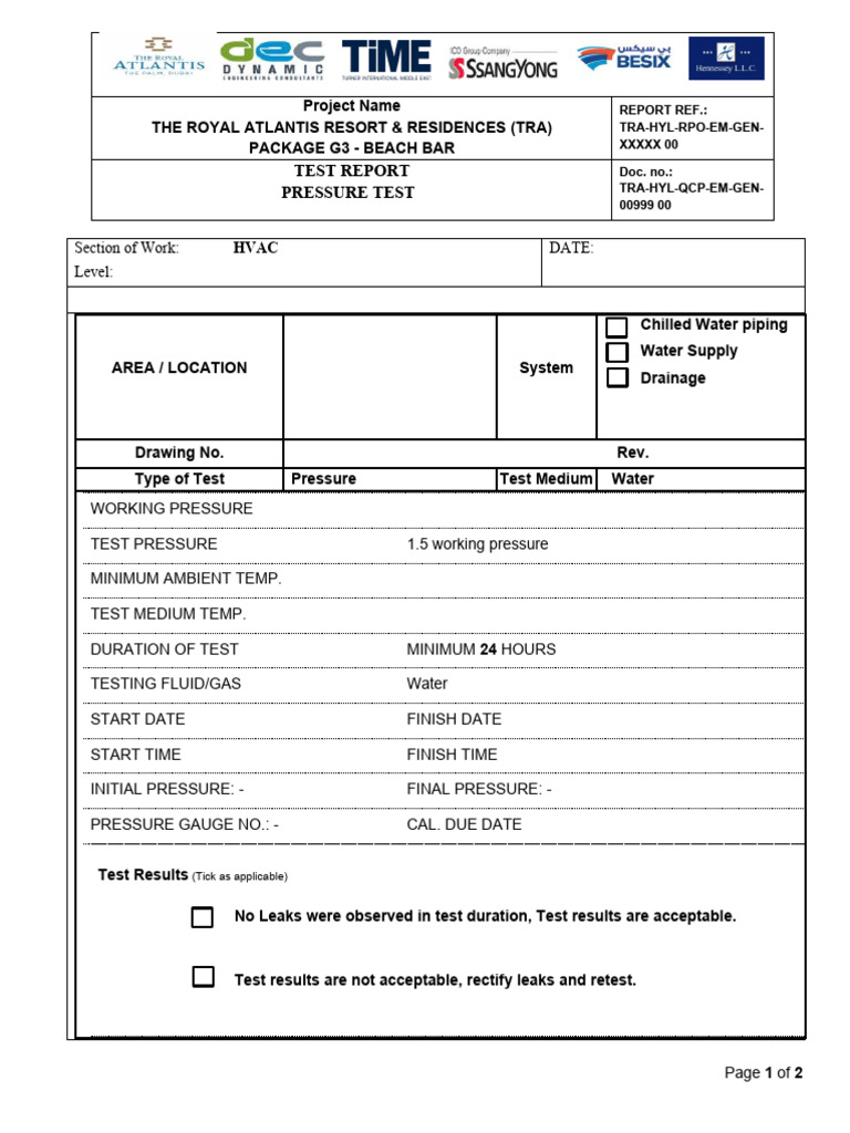 Tra Hyl QCP em Gen 00999 00 Pressure Test Report | PDF | Pressure ...