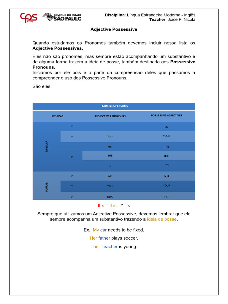 Adjective and Possessive Pronouns in English | PDF | Syntax ...