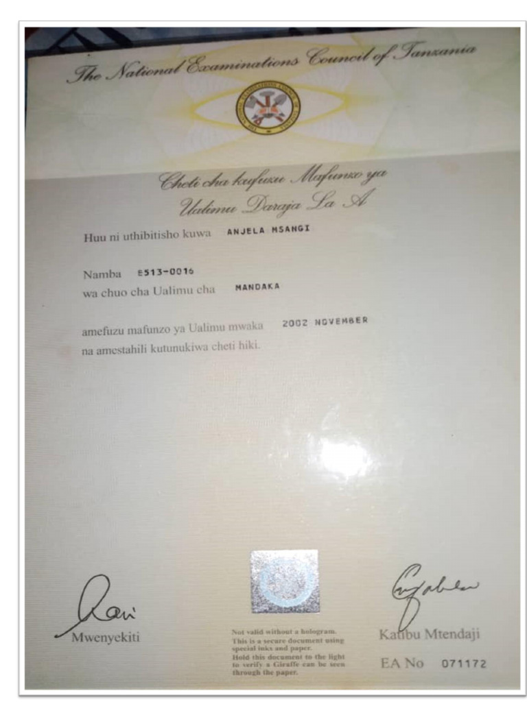 Cheti Cha Kufuzu Mafunzo Ya Ualimu Daraja A | PDF