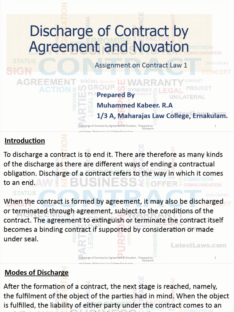Discharge by Agreement and Novation - Contract 1 | Download Free PDF ...