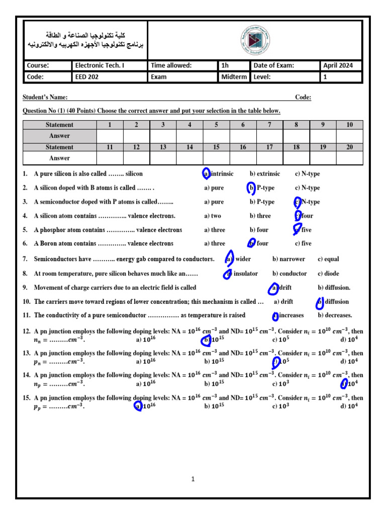Midterm Exam: Electronic Technology I | PDF | Electrical Components | Electronic Engineering