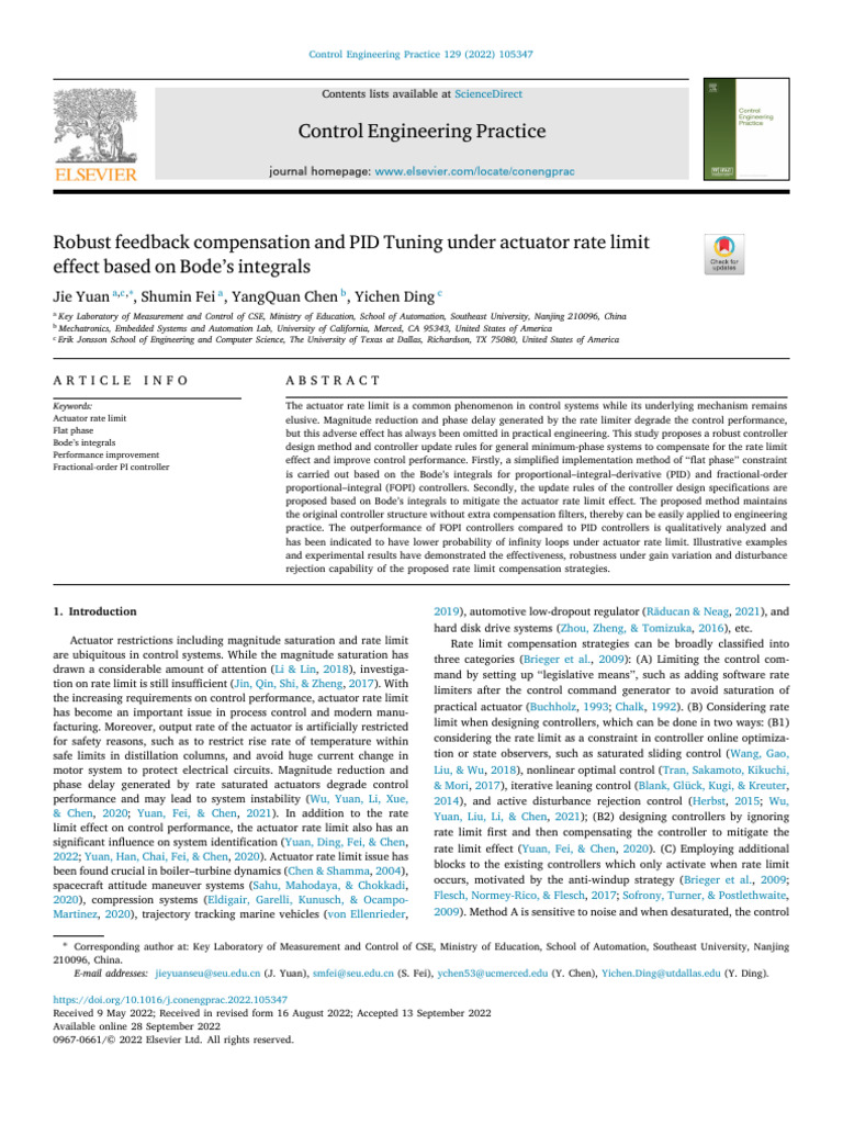 Robust Feedback Compensation And Pid Tuning Under Actuator Rate Limit Effect Based On Bode S