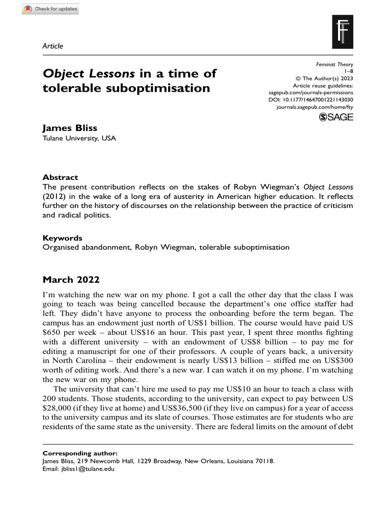 Bliss - Object Lessons in A Time of Tolerable Suboptimisation Early ...