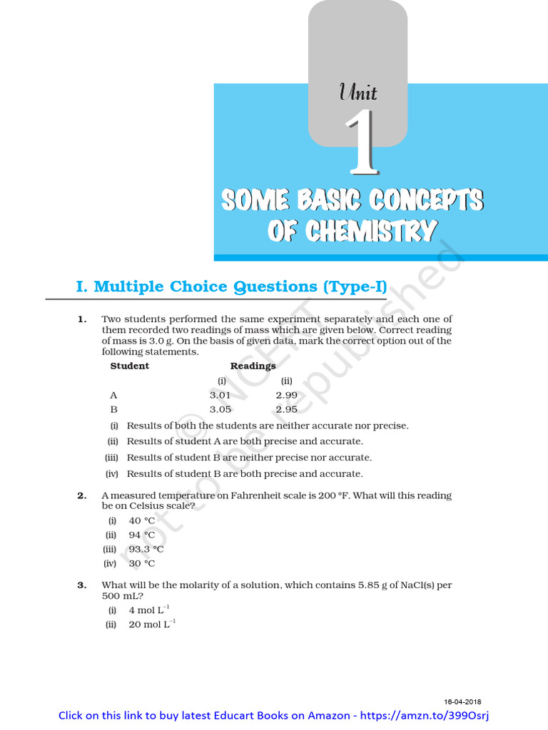 Class 11 Chemistry NCERT Exemplar Chapters-1 | PDF | Mole (Unit) | Physical Sciences