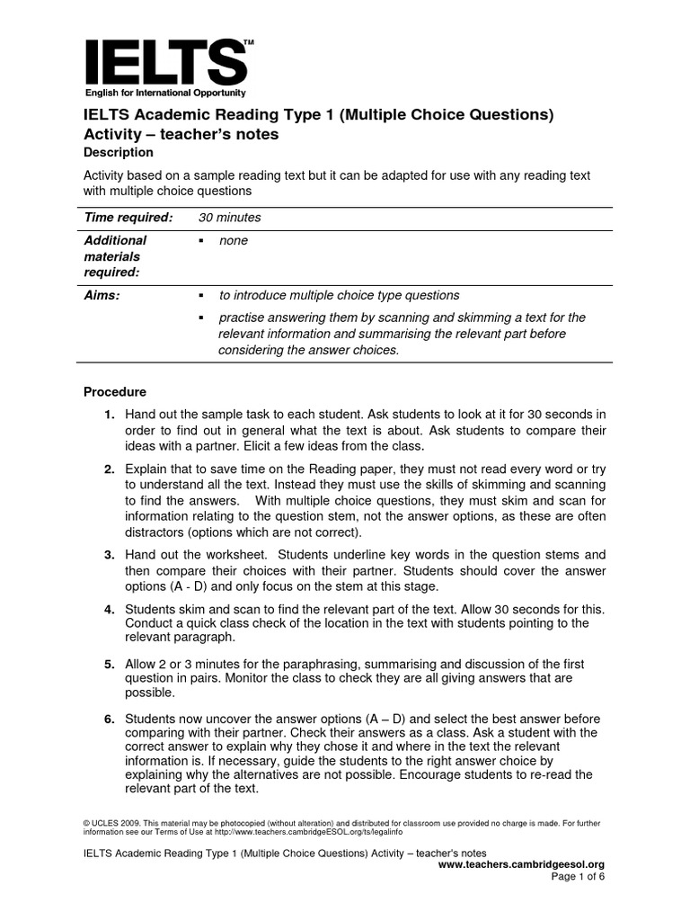 Ielts Academic Reading Task Type 1 Multiple Choice Questions Activity