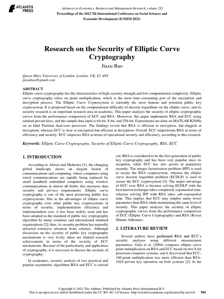 Research On The Security of Elliptic Curve Cryptography: Jiaxu Bao | Download Free PDF ...