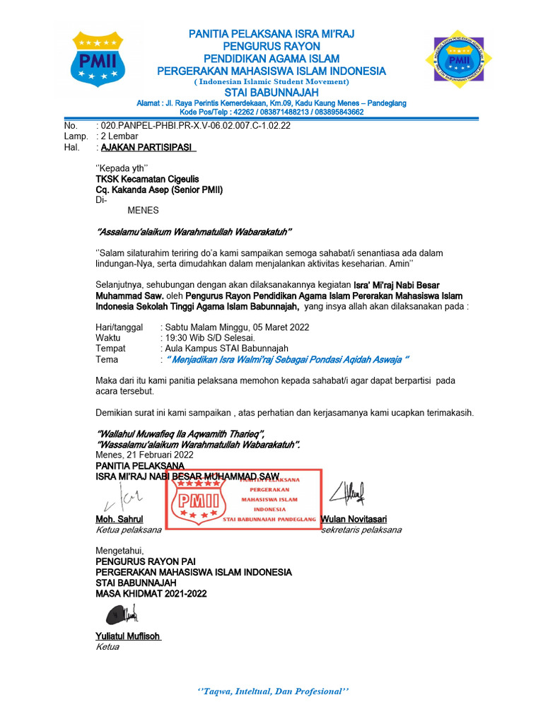 CONTOH PROPOSAL ISRA' MI'RAJ Rayon PMII STAI Babunnajah | PDF