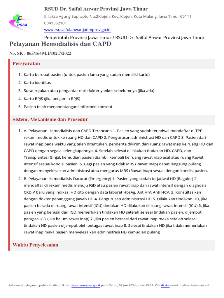 Unduh Standar Pelayanan - Pelayanan Hemodialisis Dan CAPD | PDF