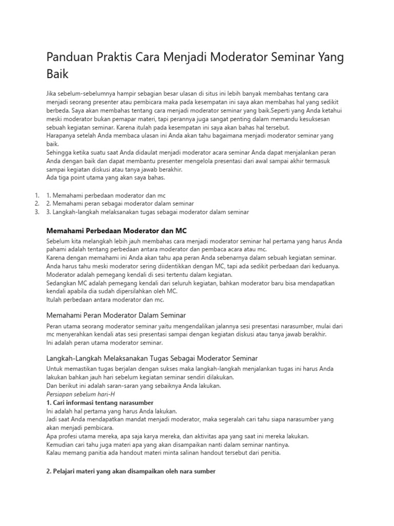 Panduan Praktis Cara Menjadi Moderator Seminar Yang Baik | PDF