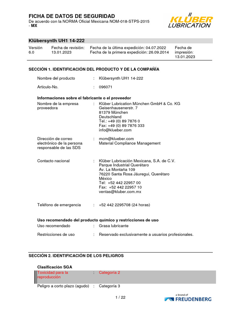 SDS Kluebersynth UH1 14-222 096071 MX ES | PDF | Mutageno | Mutagénesis