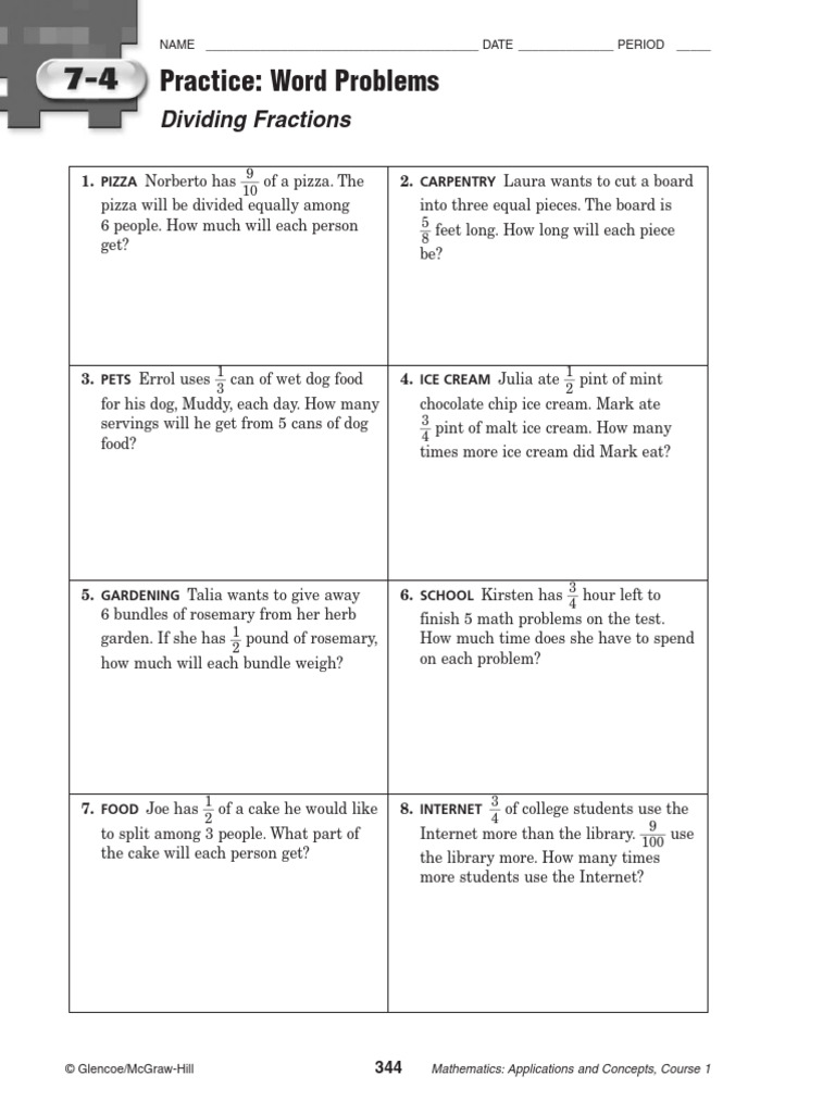 Dividing Fractions Word Problems Practice | PDF | Foods