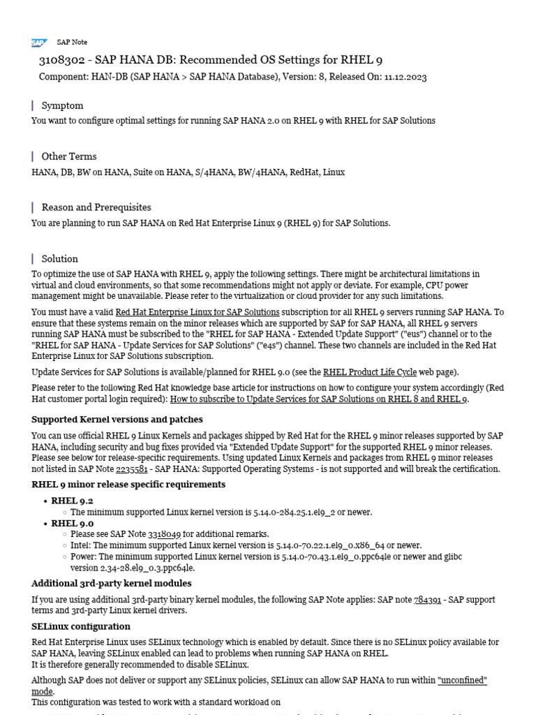 SAP HANA DB: Recommended OS Settings For RHEL 9: Symptom | PDF | Central Processing Unit | Computing