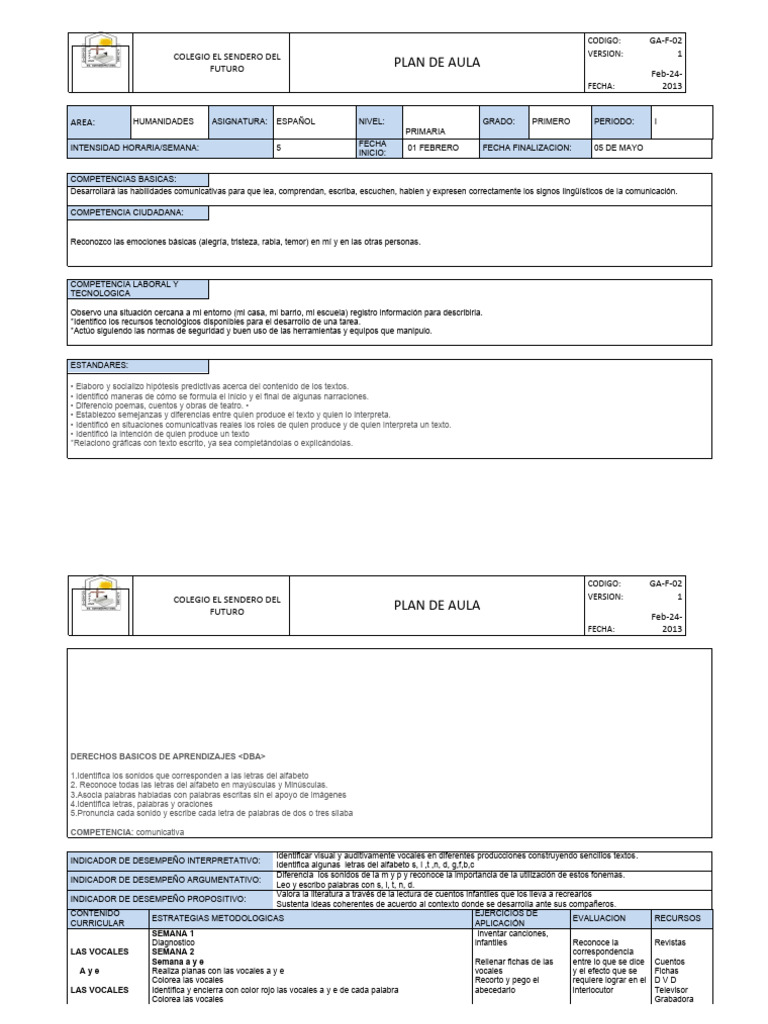 Plan Aula 1° 2°y 3° Grado Primero 10 - 2023 | Descargar gratis PDF | Educación primaria | Plan ...