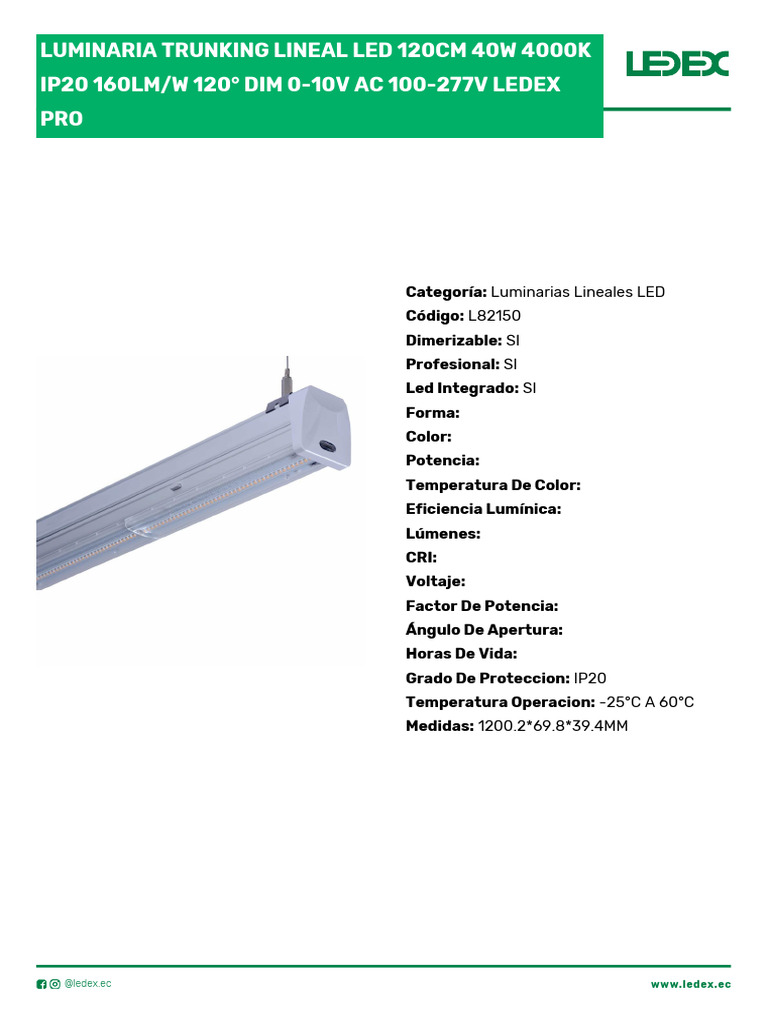 Luminaria Trunking Lineal Led 120CM 40W 4000K Ip20 160LM - W 120° Dim 0 ...