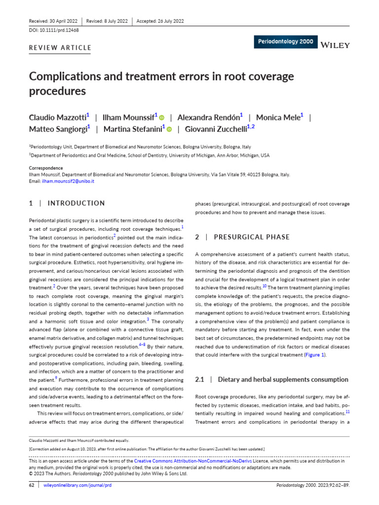 Complications and Treatment Errors in Root Coverag | PDF ...
