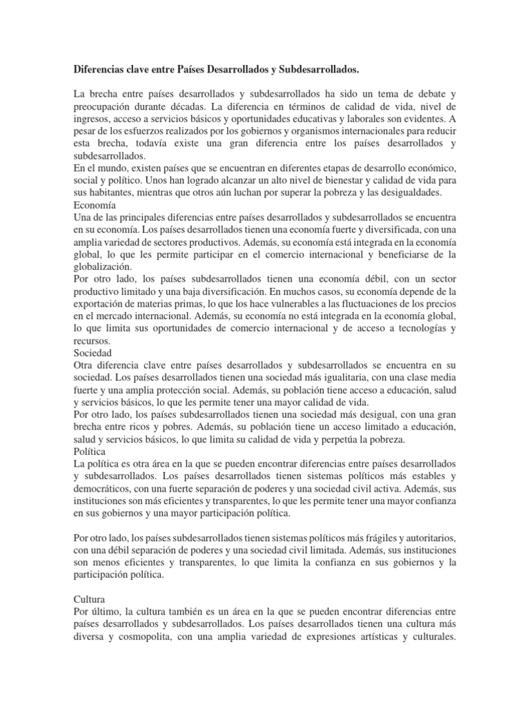 Diferencias Clave Entre Países Desarrollados y Subdesarrollados | PDF ... Diferencias Clave Entre Países Desarrollados y Subdesarrollados | PDF ...