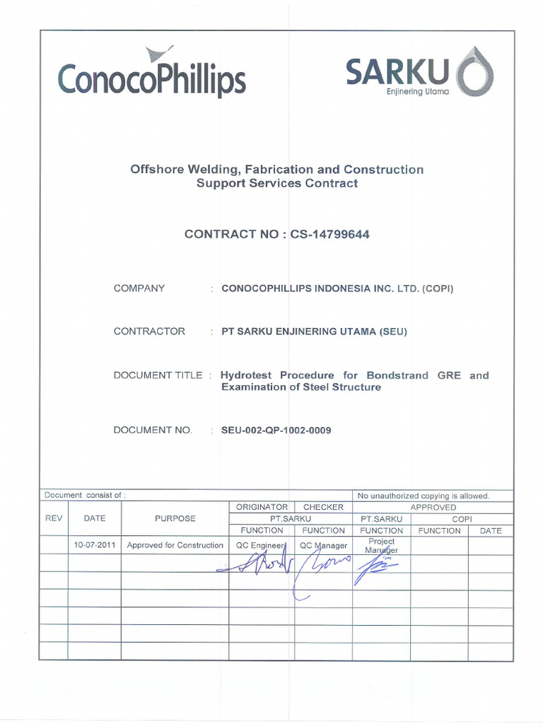 Hydrotest Procedure Bondstrand | PDF