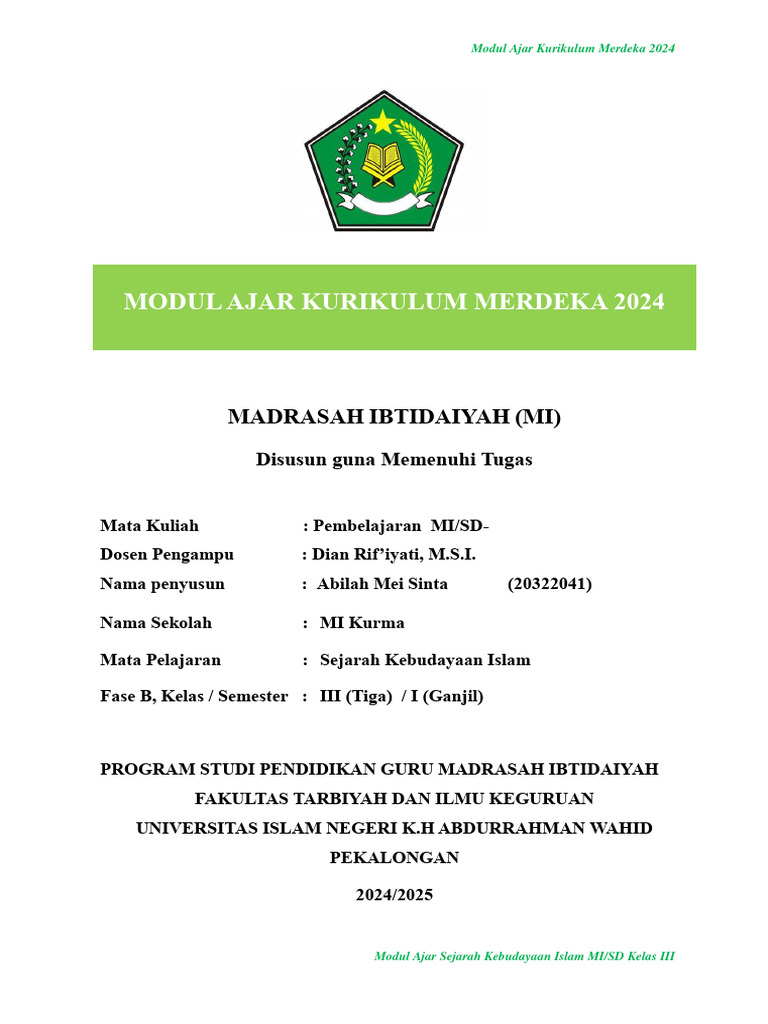 MODUL AJAR SKI Kelas 3 Semester II - Abilah Mei Sinta - 20322041 | PDF